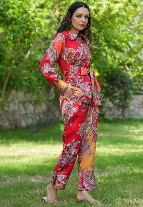 Buy Printed Satin Co Ord Set in Red Online : TXR855 - Utsav Fashion