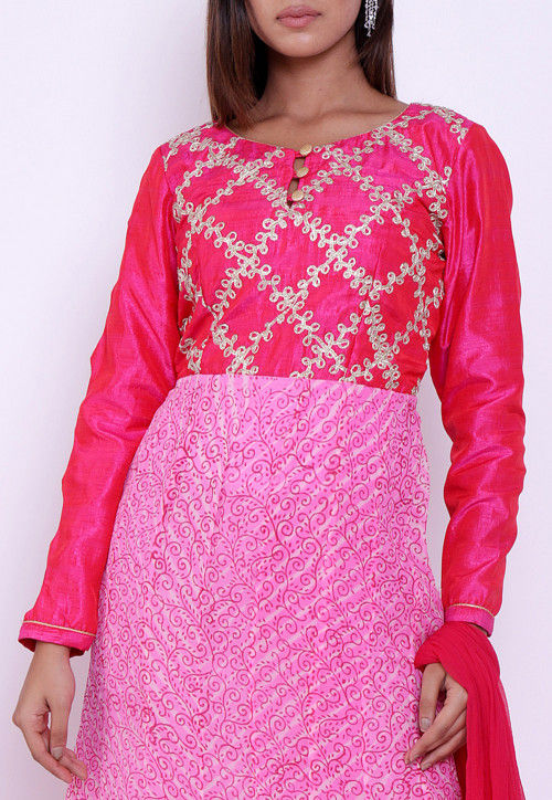 Buy Pure Georgette Block Printed Abaya Style Suit in Pink and Fuchsia ...
