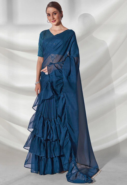 Buy Ruffled Georgette Saree in Teal Blue Online : SPF8450 - Utsav Fashion