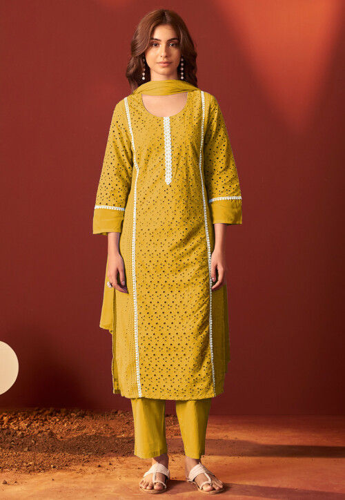 Buy Schiffli Pure Cotton Pakistani Suit in Mustard Online : KJZ327 ...