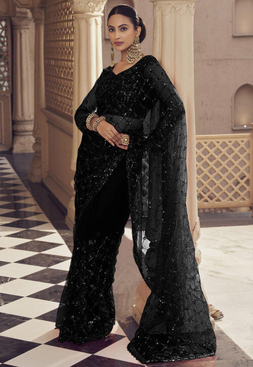 Buy Sequinned Net Saree in Black Online : SET270 - Utsav Fashion
