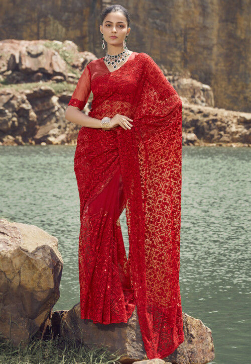 Buy Sequinned Net Scalloped Saree in Red Online : SET204 - Utsav Fashion