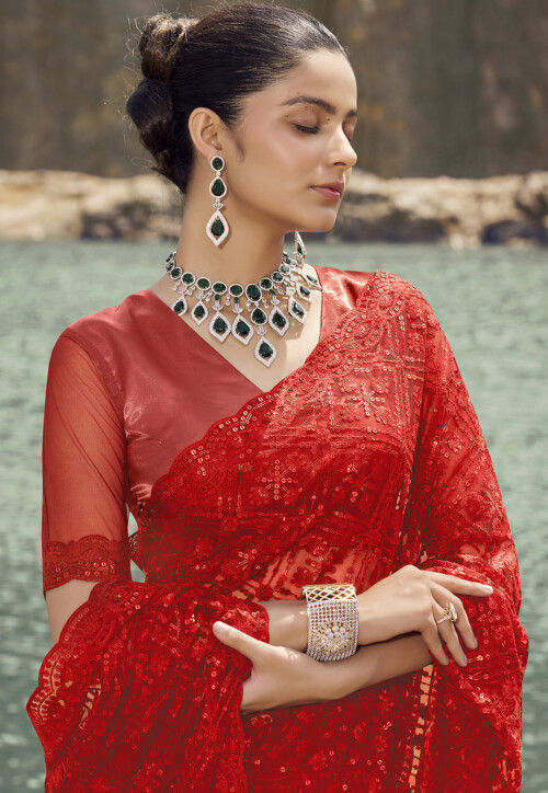 Buy Sequinned Net Scalloped Saree in Red Online : SET204 - Utsav Fashion