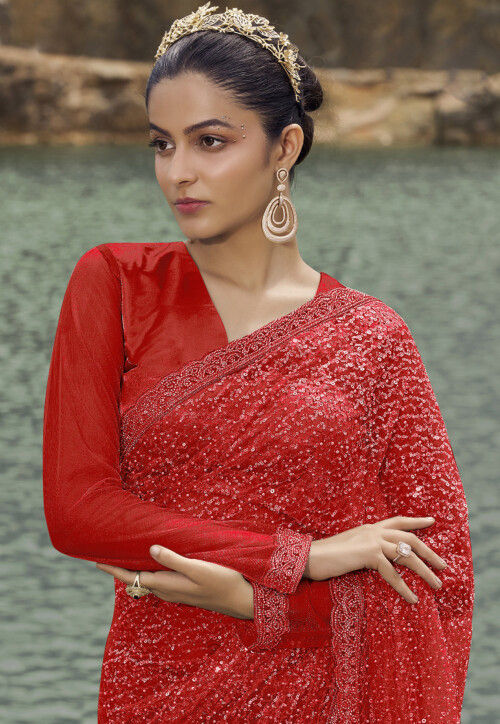 Buy Sequinned Net Scalloped Saree in Red Online : SET216 - Utsav Fashion