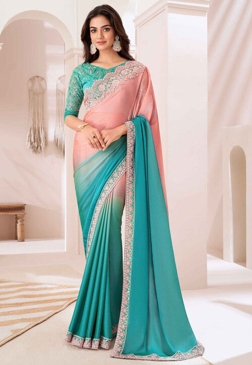 Buy Shaded Chiffon Saree in Shaded Peach and Turquoise Online ...