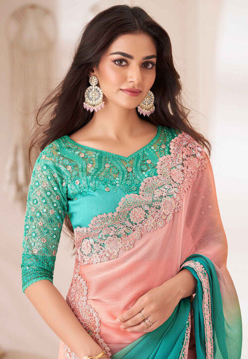 Buy Shaded Chiffon Saree in Shaded Peach and Turquoise Online ...