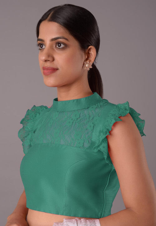 Buy Solid Color Art Silk and Chantelle Net Blouse in Teal Green Online ...