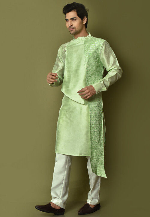 Solid Color Art Silk Asymmetric Kurta Set in Pastel Green : MTX2474