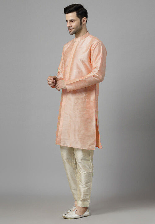 Buy Solid Color Art Silk Front Slit Kurta Set in Light Peach Online ...