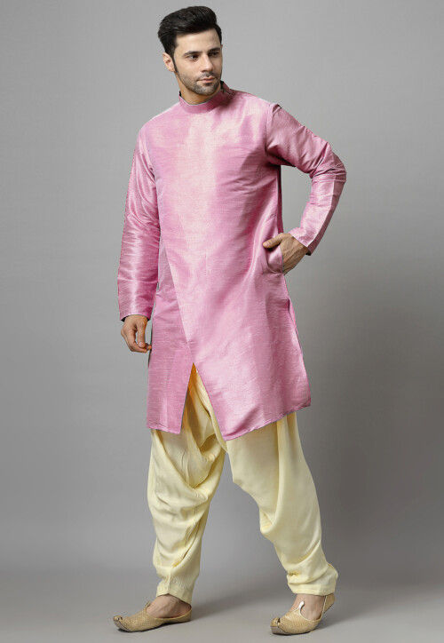 Buy Solid Color Art Silk Front Slit Kurta Set in Pink Online : MXX1166 ...