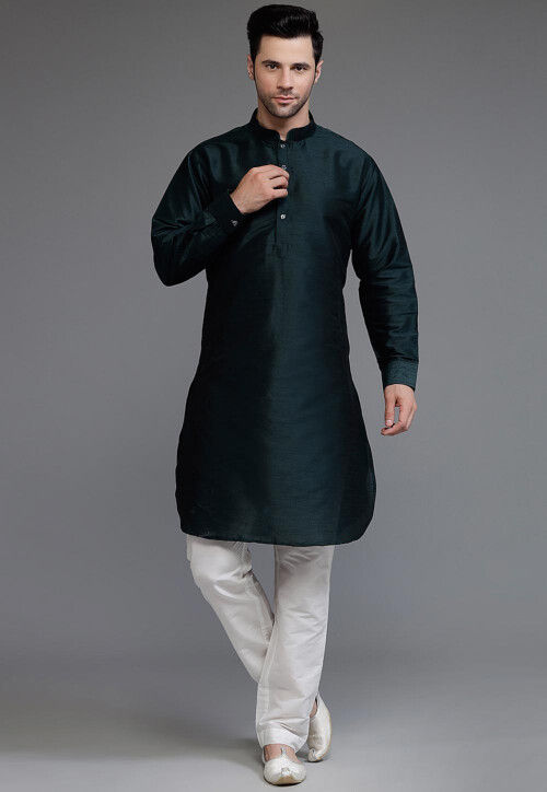 Buy Solid Color Art Silk Kurta Set in Dark Green Online : MXX309 ...