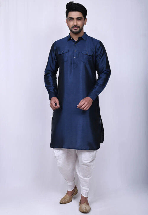 Buy Solid Color Art Silk Kurta Set in Navy Blue Online : MGT1117 ...
