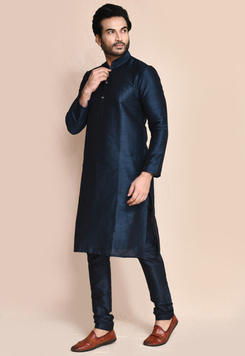 Buy Solid Color Art Silk Kurta Set in Navy Blue Online : MUF989 - Utsav ...