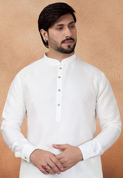 Buy Solid Color Art Silk Kurta Set in Off White Online : MLY3351 ...