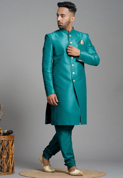 Buy Solid Color Art Silk Sherwani in Teal Green Online : MTE2423 ...
