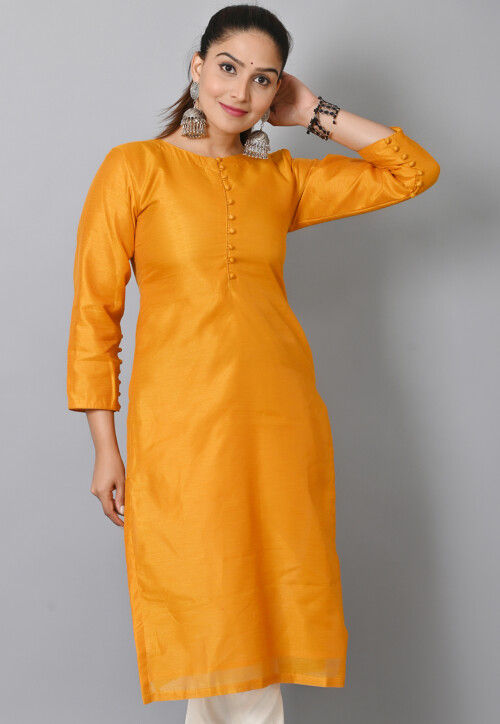 Buy Solid Color Art Silk Straight Kurta in Mustard Online : TJW2056 ...