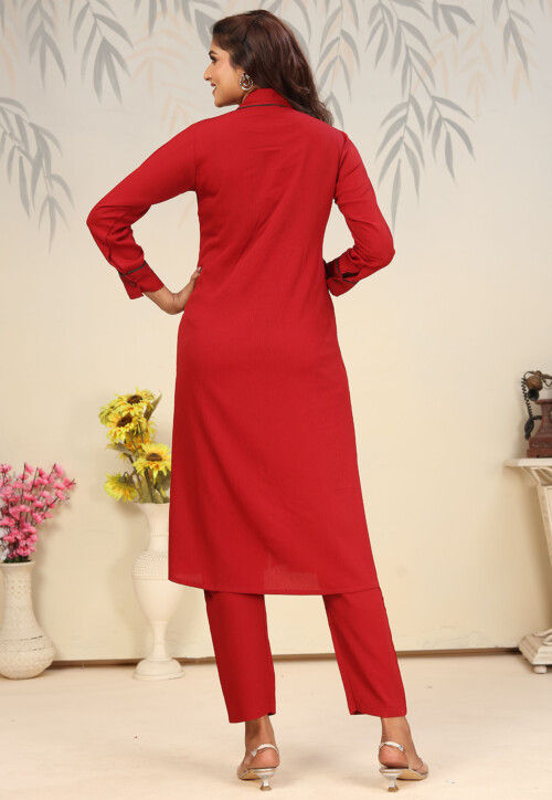 Buy Solid Color Cotton A Line Kurta Set in Maroon Online : TPA4249 ...