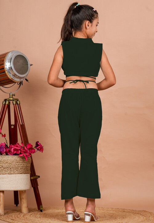 Buy Solid Color Cotton Adjustable Dori Crop Top Set in Dark Green ...