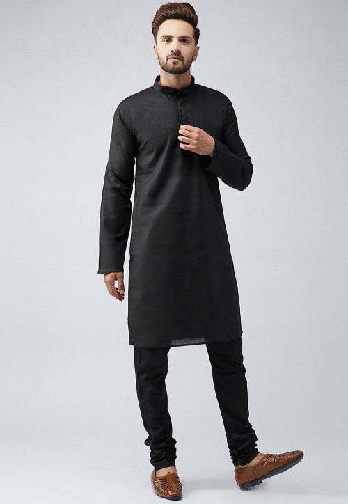 Buy Solid Color Cotton Kurta Set in Black Online : MVE1764 - Utsav Fashion