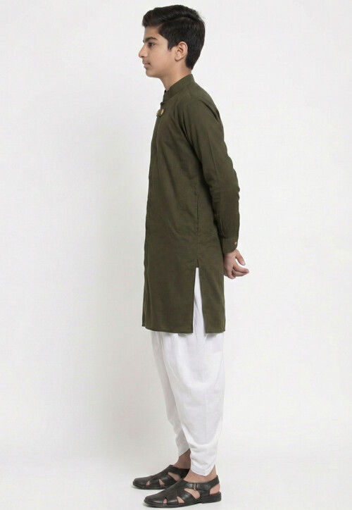 Buy Solid Color Cotton Kurta Set in Dark Olive Green Online : UPU1448 ...