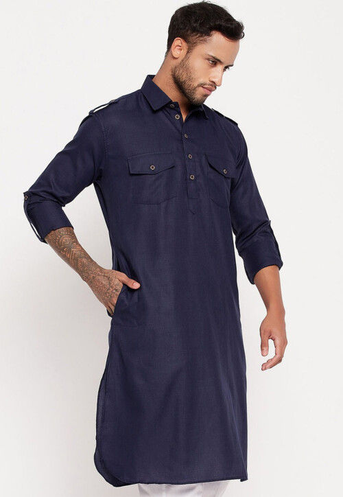 Buy Solid Color Cotton Kurta Set in Navy Blue Online : MVE3945 - Utsav ...