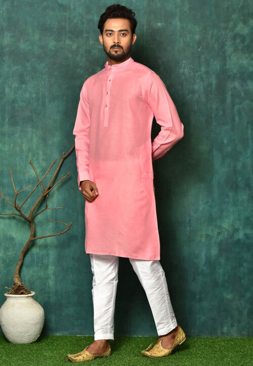 Solid Color Cotton Kurta Set in Peach Pink : MTX2266