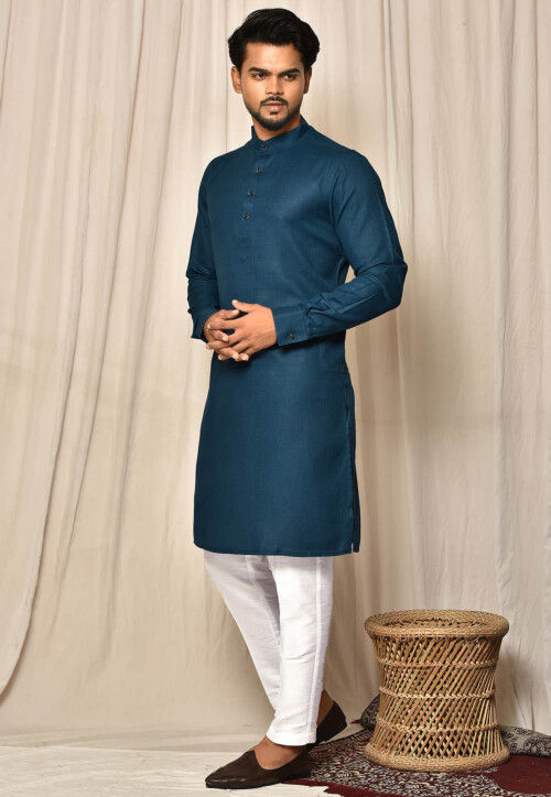 Buy Solid Color Cotton Kurta Set in Teal Blue Online : MTX2261 - Utsav ...