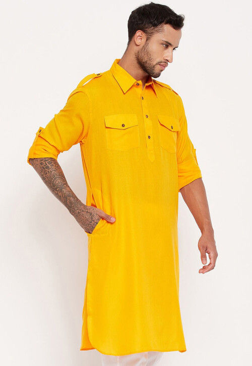 Buy Solid Color Cotton Kurta Set in Yellow Online : MVE3948 - Utsav Fashion