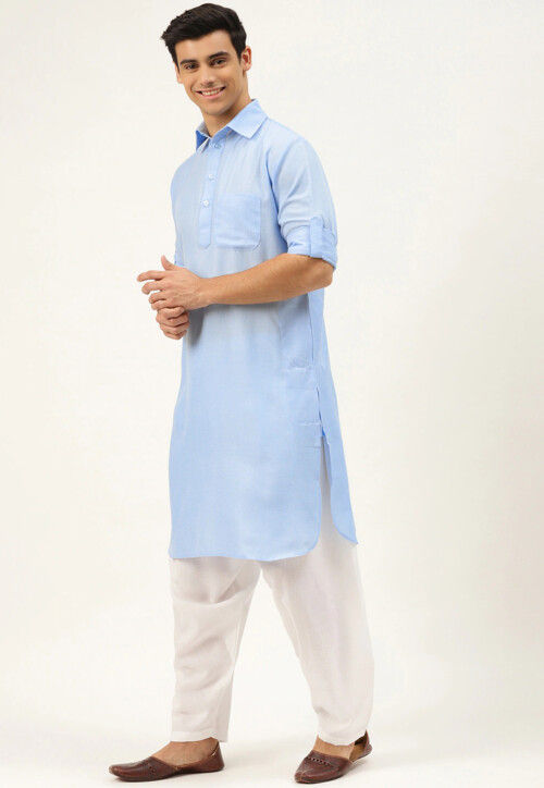 Buy Solid Color Cotton Pathani Kurta Set in Sky Blue Online : MGT942 ...