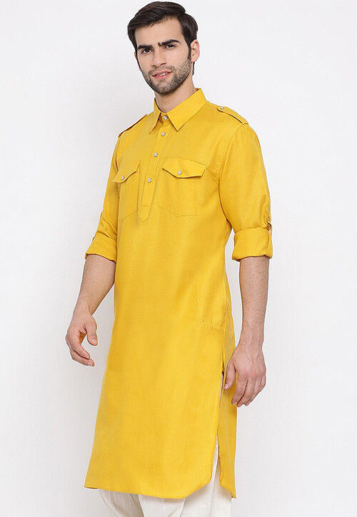 Buy Solid Color Cotton Pathani Suit in Yellow Online : MVE3956 - Utsav ...