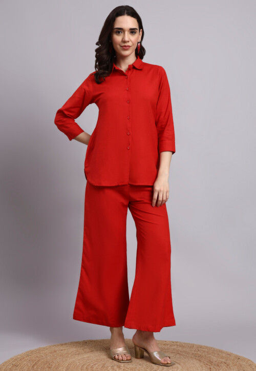 Buy Solid Color Cotton Shirt Set in Red Online : TBF955 - Utsav Fashion