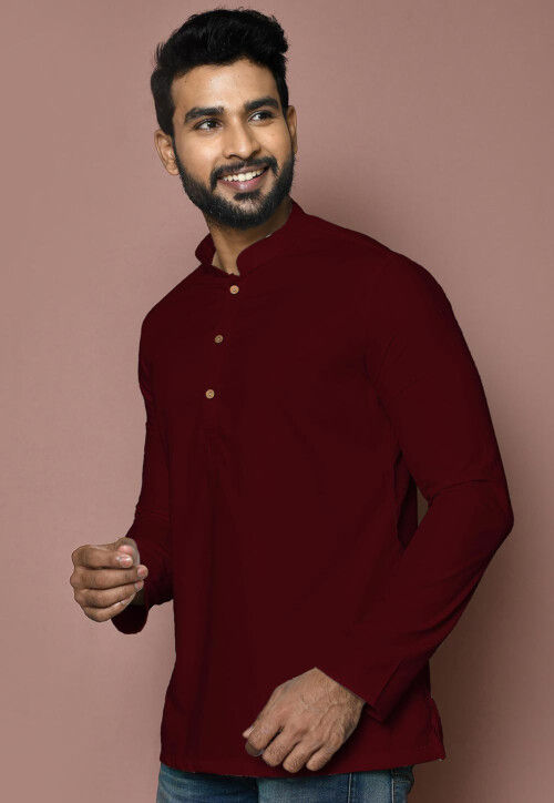 Buy Solid Color Cotton Short Kurta in Maroon Online : MDY279 - Utsav ...