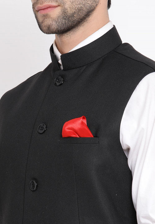 Solid Color Cotton Silk Nehru Jacket in Black : MTR2064