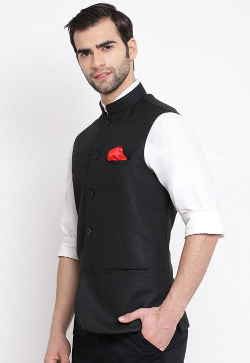 Buy Solid Color Cotton Silk Nehru Jacket in Black Online : MTR2064 ...