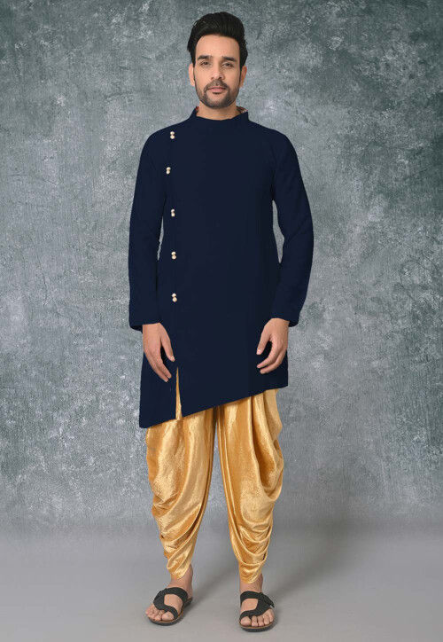 Buy Solid Color Cotton Silk Side Slit Kurta in Navy Blue Online ...