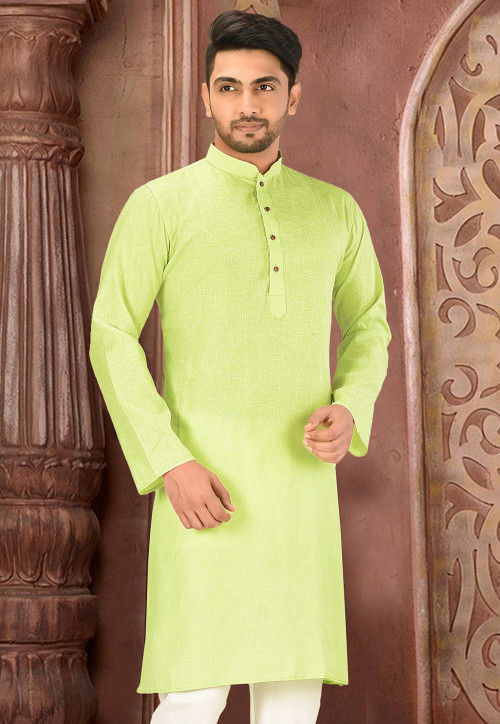 Solid Color Cotton Slub Kurta in Pastel Green : MLC486