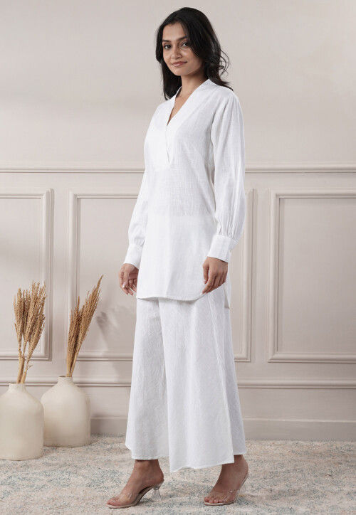 Buy Solid Color Cotton Slub Co-Ord Set in Off White Online : TBF307 - Utsav Fashion
