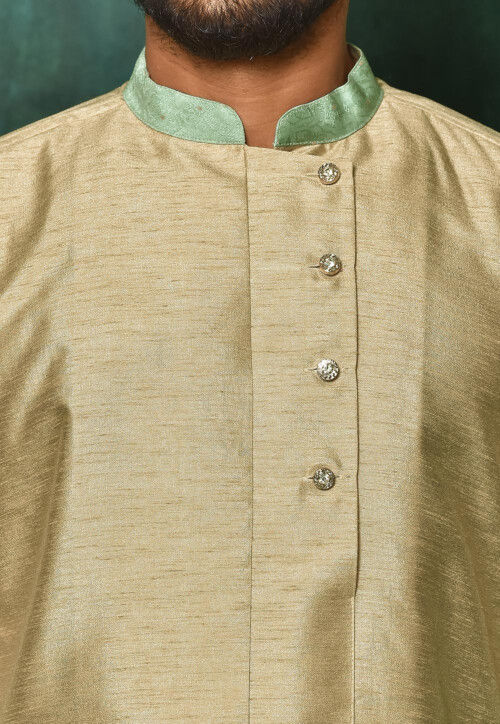 Buy Solid Color Dupion Silk Asymmetric Kurta Set in Beige Online ...
