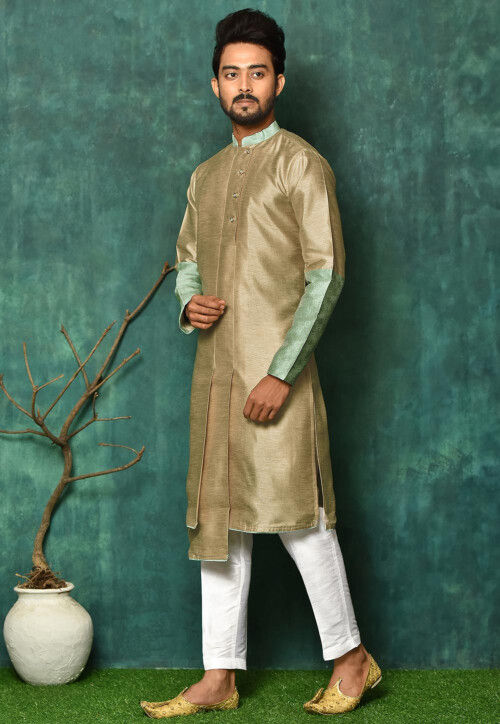 Buy Solid Color Dupion Silk Asymmetric Kurta Set in Beige Online ...