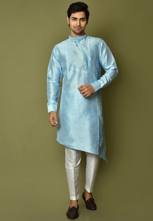 Buy Solid Color Dupion Silk Asymmetric Kurta Set in Light Blue Online ...