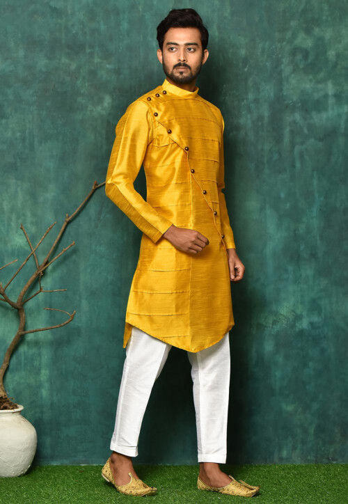 Buy Solid Color Dupion Silk Asymmetric Kurta Set in Mustard Online ...
