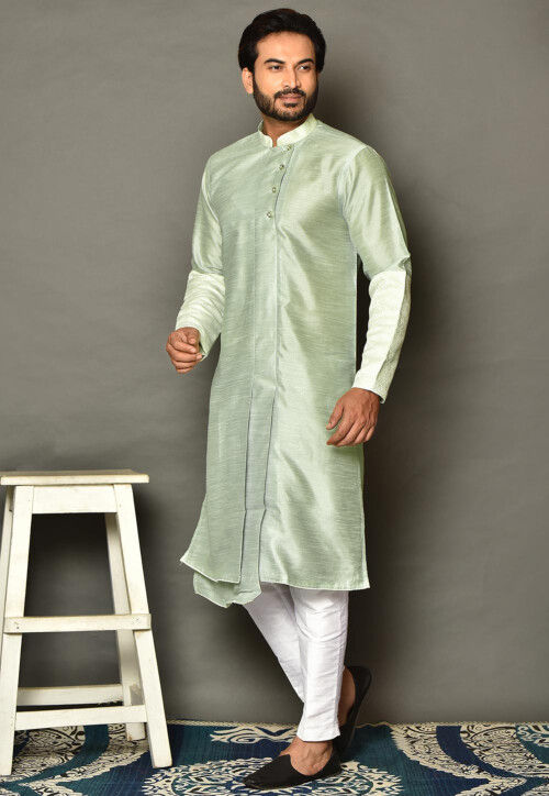 Buy Solid Color Dupion Silk Asymmetric Kurta Set in Pastel Green Online ...