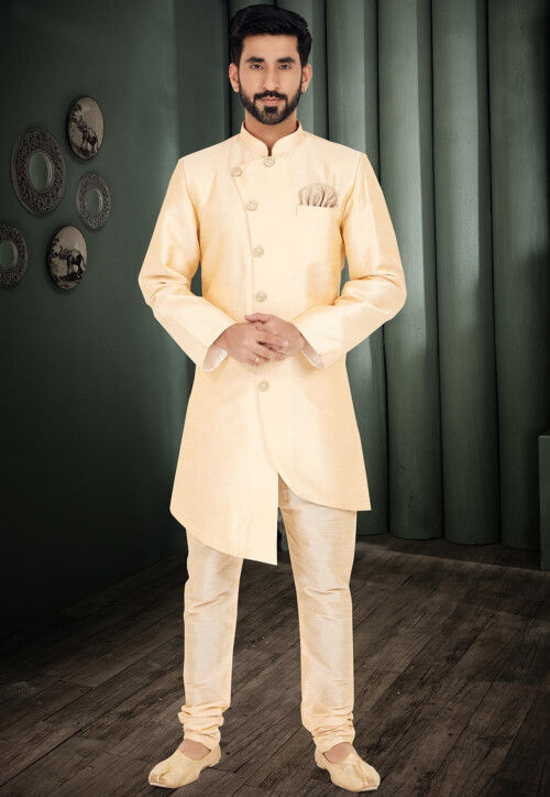 Buy Solid Color Dupion Silk Asymmetric Sherwani in Light Beige Online ...