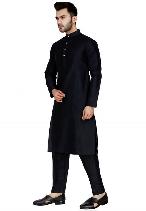 Buy Solid Color Dupion Silk Kurta Set in Black Online : MXH367 - Utsav ...
