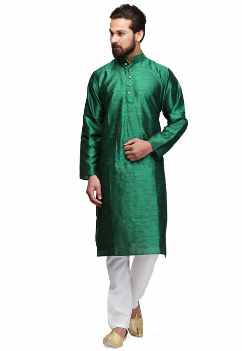 Buy Solid Color Dupion Silk Kurta Set in Dark Teal Green Online ...