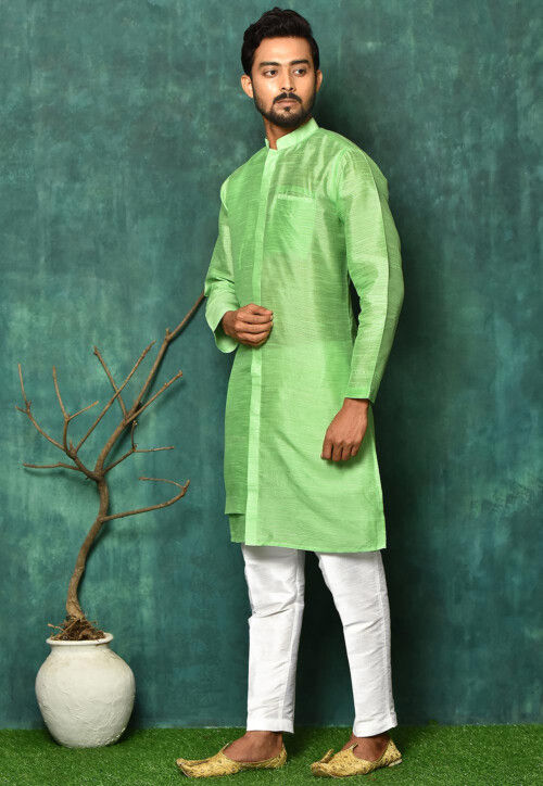Solid Color Dupion Silk Kurta Set in Light Green : MTX2242