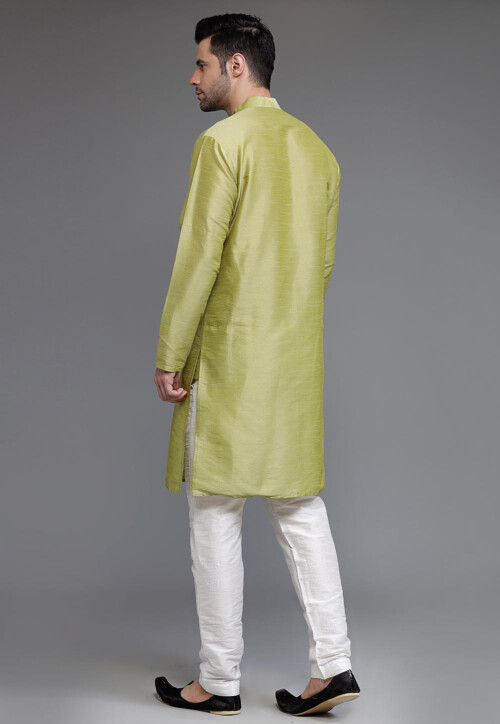 Solid Color Dupion Silk Kurta Set in Olive Green : MXX408