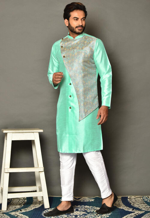 Buy Solid Color Dupion Silk Kurta Set in Sea Green Online : MTX2211 ...