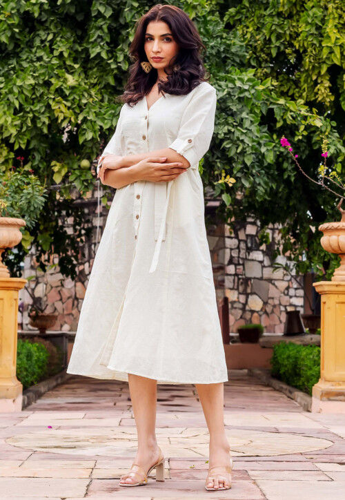 Buy Solid Color Linen Cotton Button Down Dress in Off White Online ...
