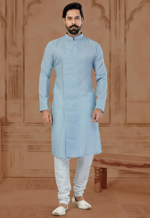 Solid Color Linen Cotton Kurta Set in Sky Blue : MUX1038